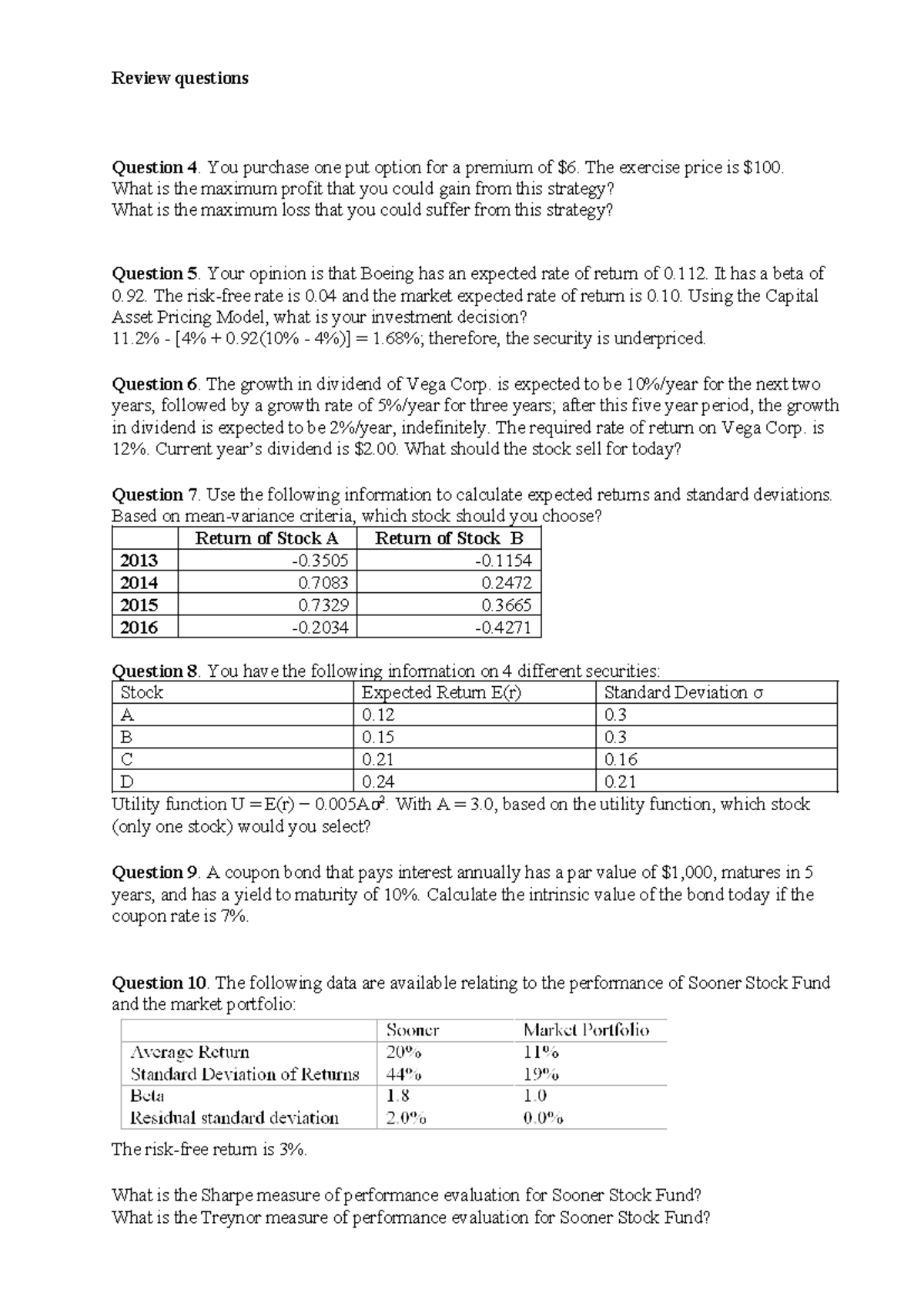 Review Questions on Financial Strategies and Investment Analysis - Studocu