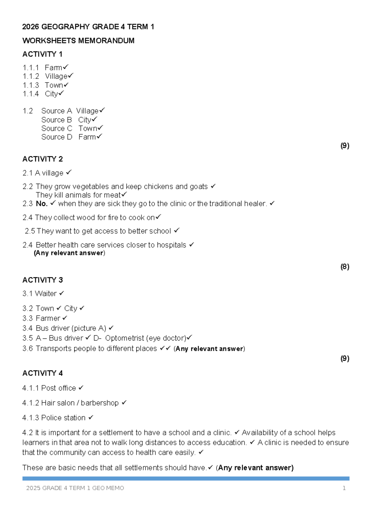 2026 GRADE 4 TERM 1 GEOGRAPHY MEMO FOR WORKSHEETS - Studocu
