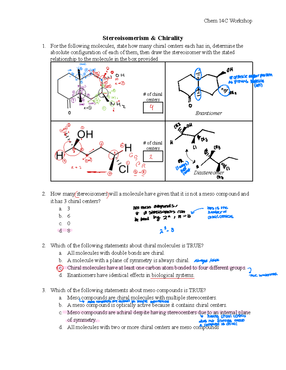 Chem 14C Workshop: Stereoisomerism & Chirality Analysis - Studocu