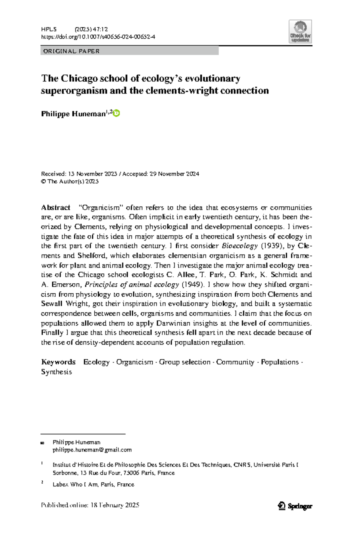 Huneman The Chicago school of ecology’s evolutionary superorganism and ...