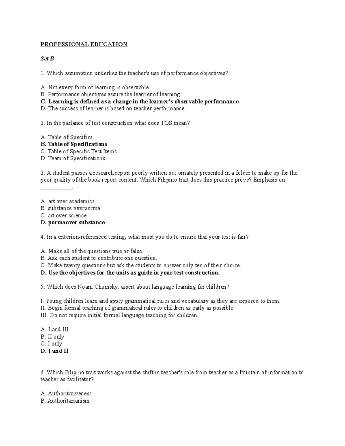 Professional Education Quiz Questions and Answers - Set B - Studocu