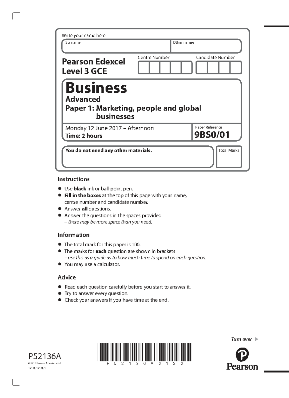 Business A Level 3 GCE Paper 1: Marketing & Global Business Exam - June ...