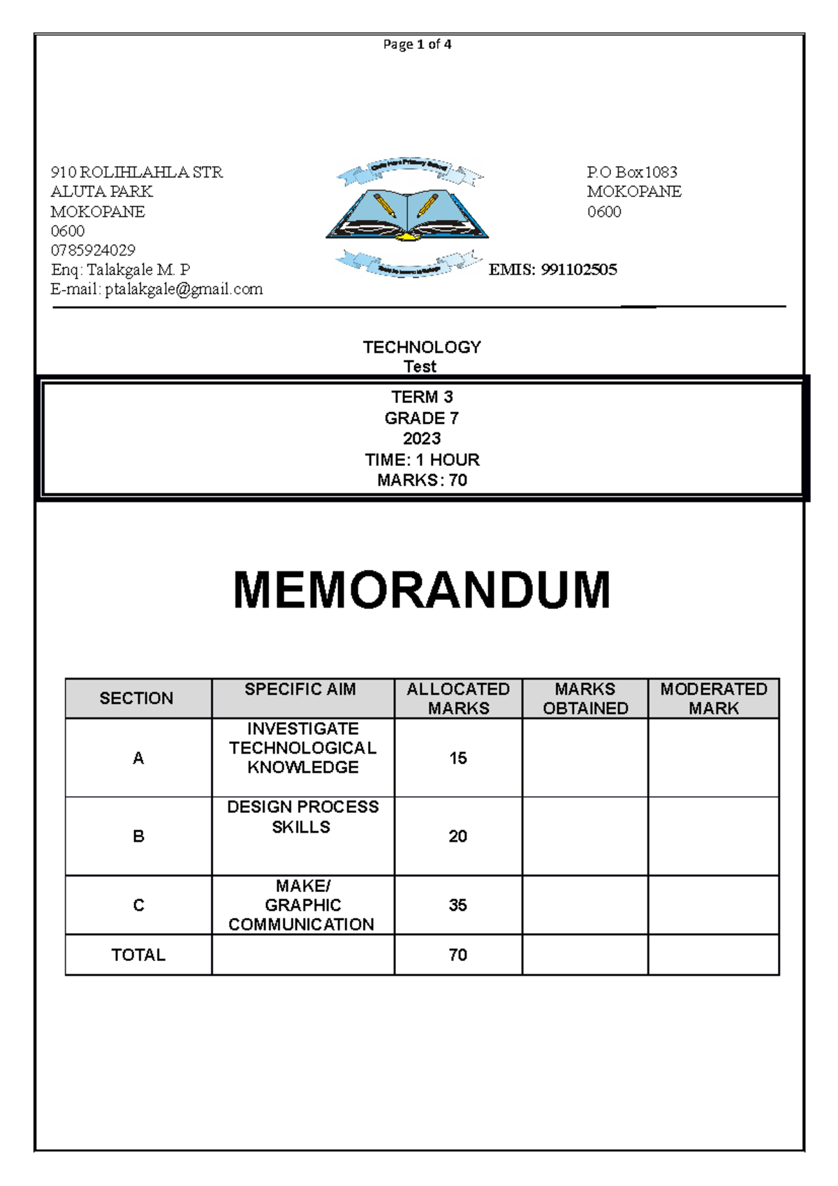 Grade 7 Technology Term 3 Test Memorandum 2023: Exam Solutions - Studocu
