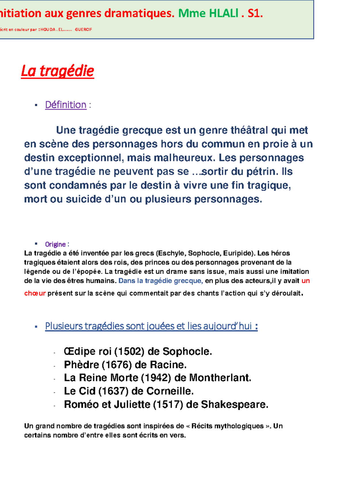Résumé : Initiation aux Genres Dramatiques - Tragédie et Comédie - Studocu