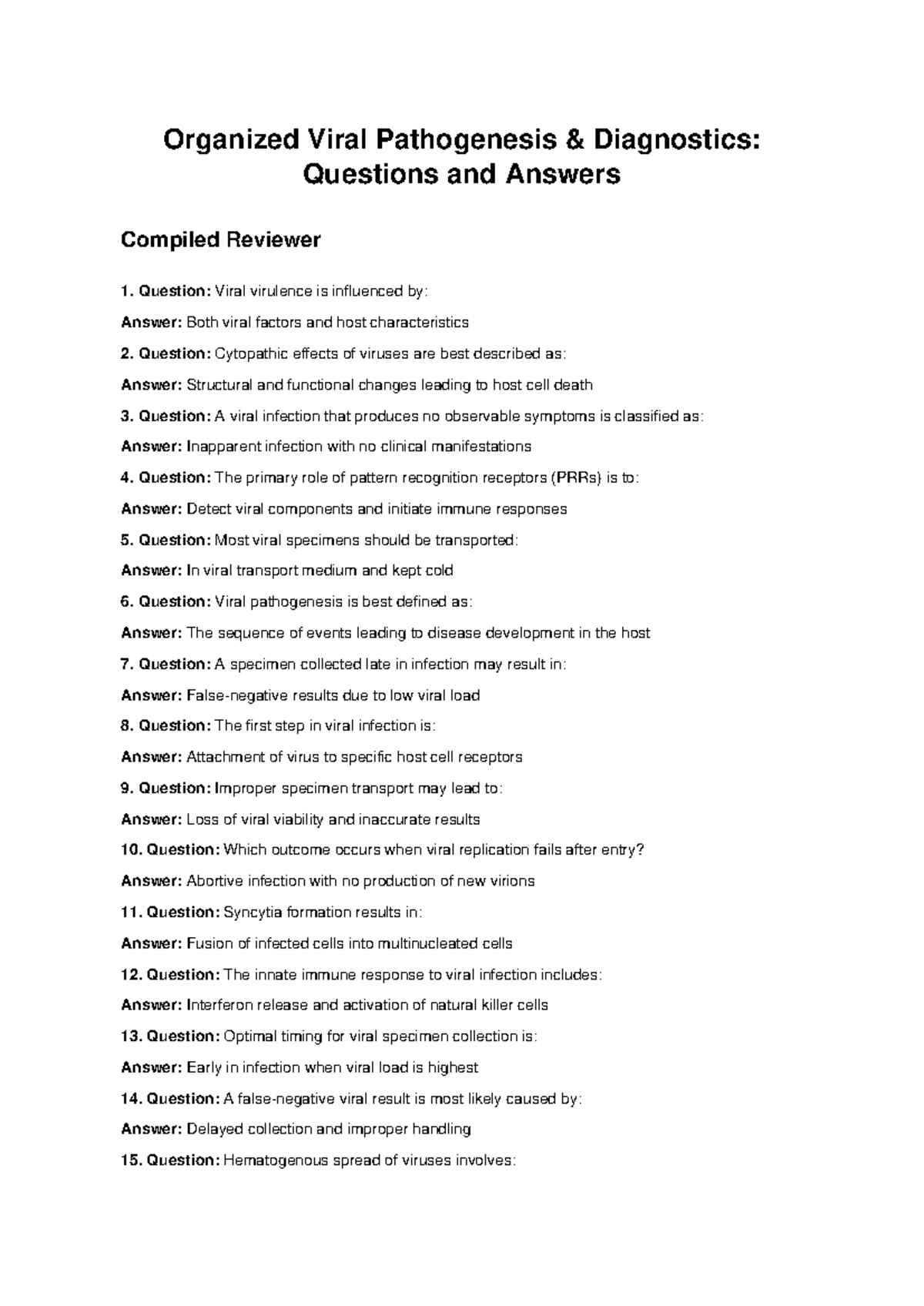 Organized Viral Pathogenesis Diagnostics: QA Compiled Reviewer 1 - Studocu