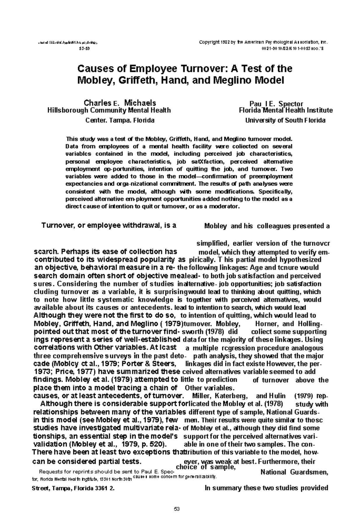 Causes of Employee Turnover: Testing the Mobley Model in 982 Psychology ...