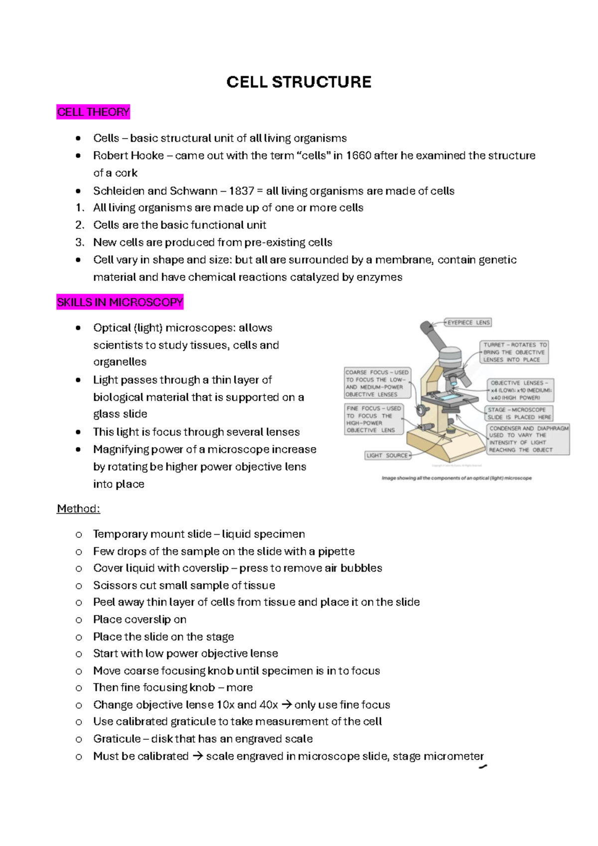 CELL Structure - Voter: Study Notes on Cell Theory and Microscopy - Studocu