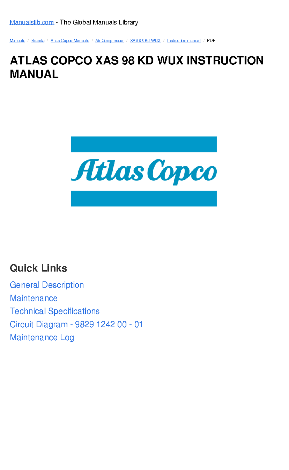 Atlas Copco XAS 98 KD WUX Compressor Operation Manual - Studocu
