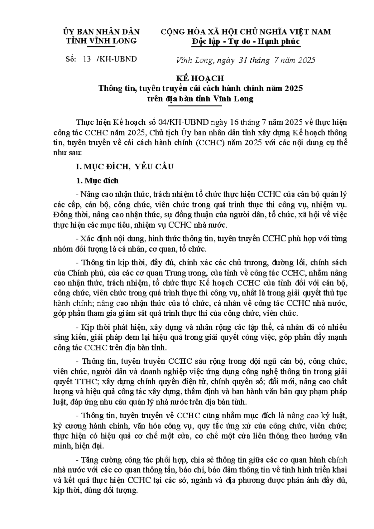 Kế Hoạch Thông Tin, Tuyên Truyền CCHC Năm 2025 Tỉnh Vĩnh Long - Studocu