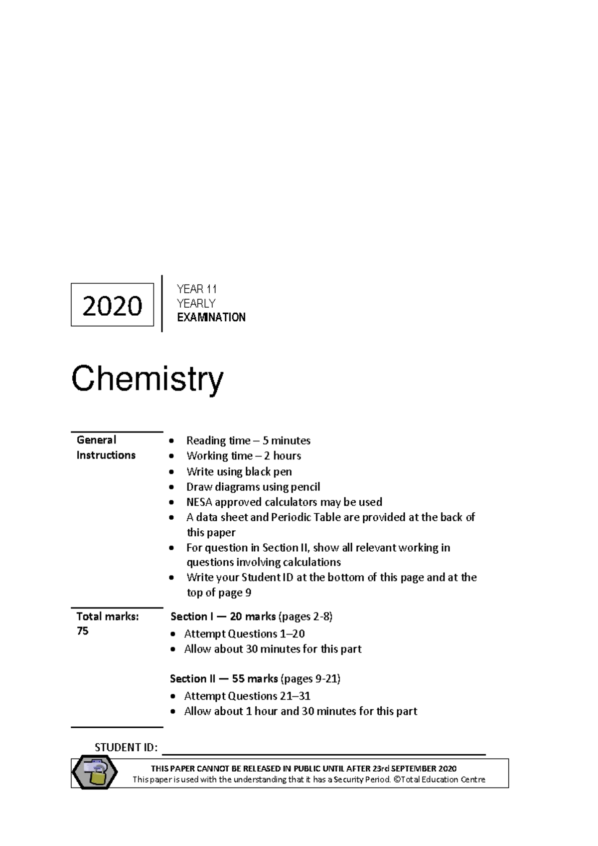 2020 Chemistry Yr11 Yearly Exam Instructions and Questions - Studocu