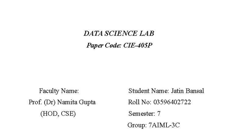 DATA SCIENCE LAB - Experiments and Analysis Techniques (CSE 7) - Studocu