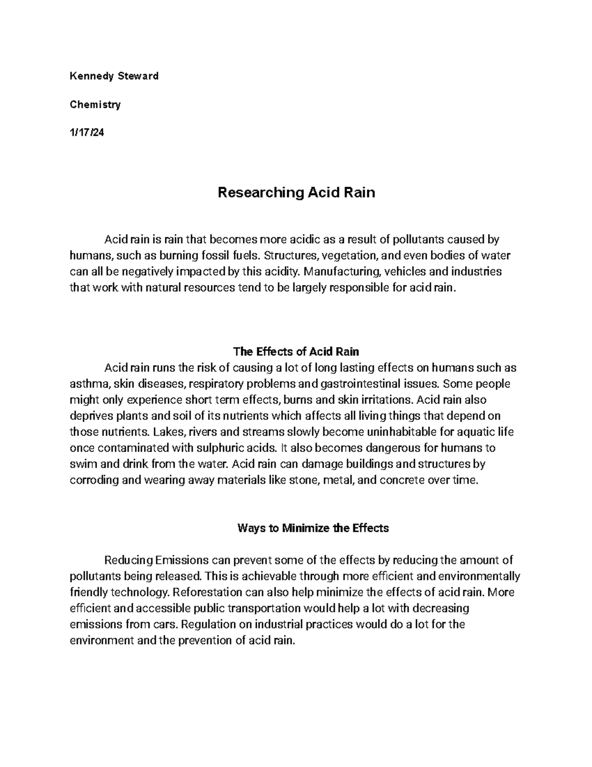 Researching Acid Rain: Chemistry Lab Report by Kennedy Steward - Studocu