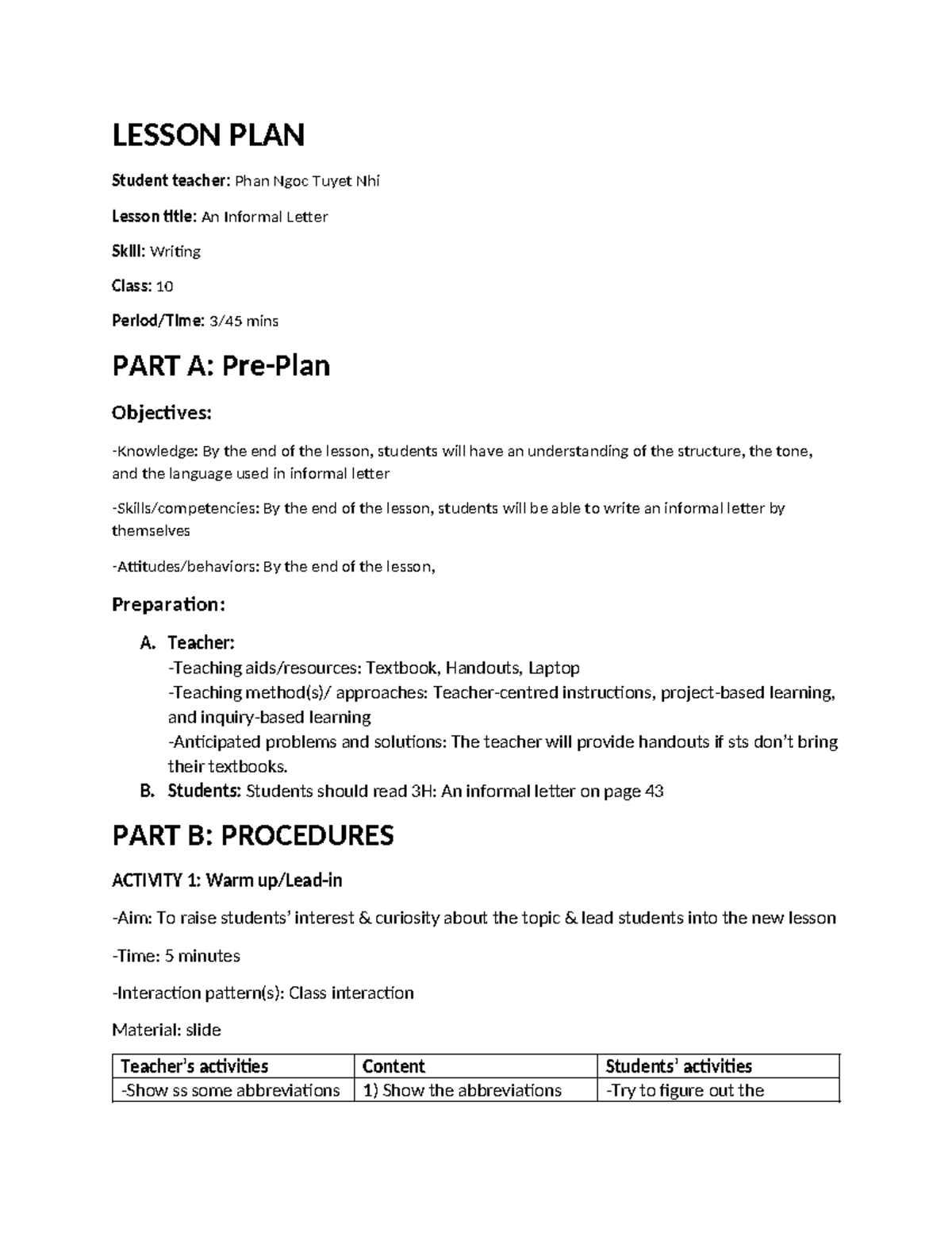 Lesson PLAN - LESSON PLAN Student teacher: Phan Ngoc Tuyet Nhi Lesson ...