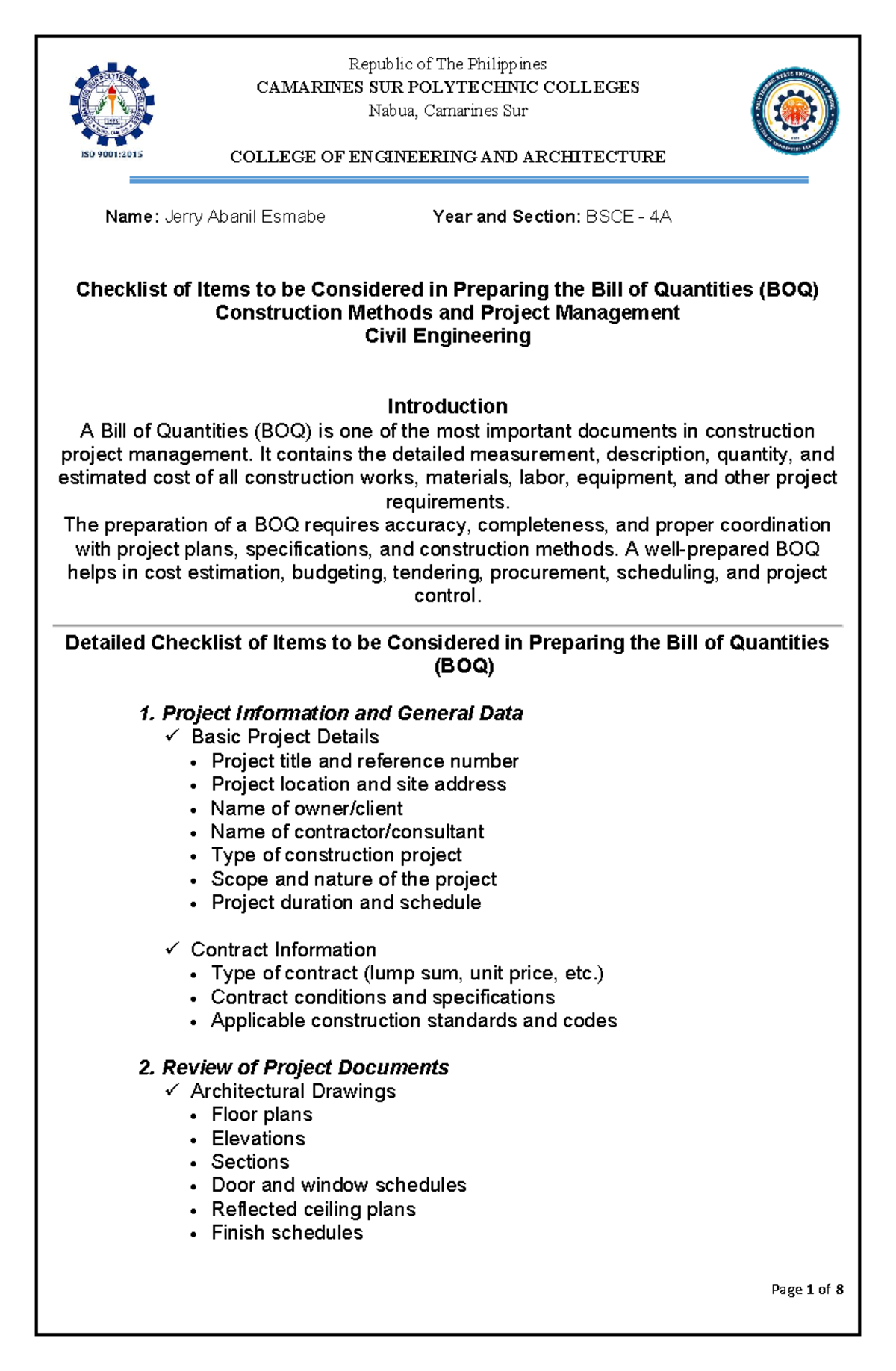 BSCE 4A - Checklist for Preparing Bill of Quantities (BOQ) - Studocu