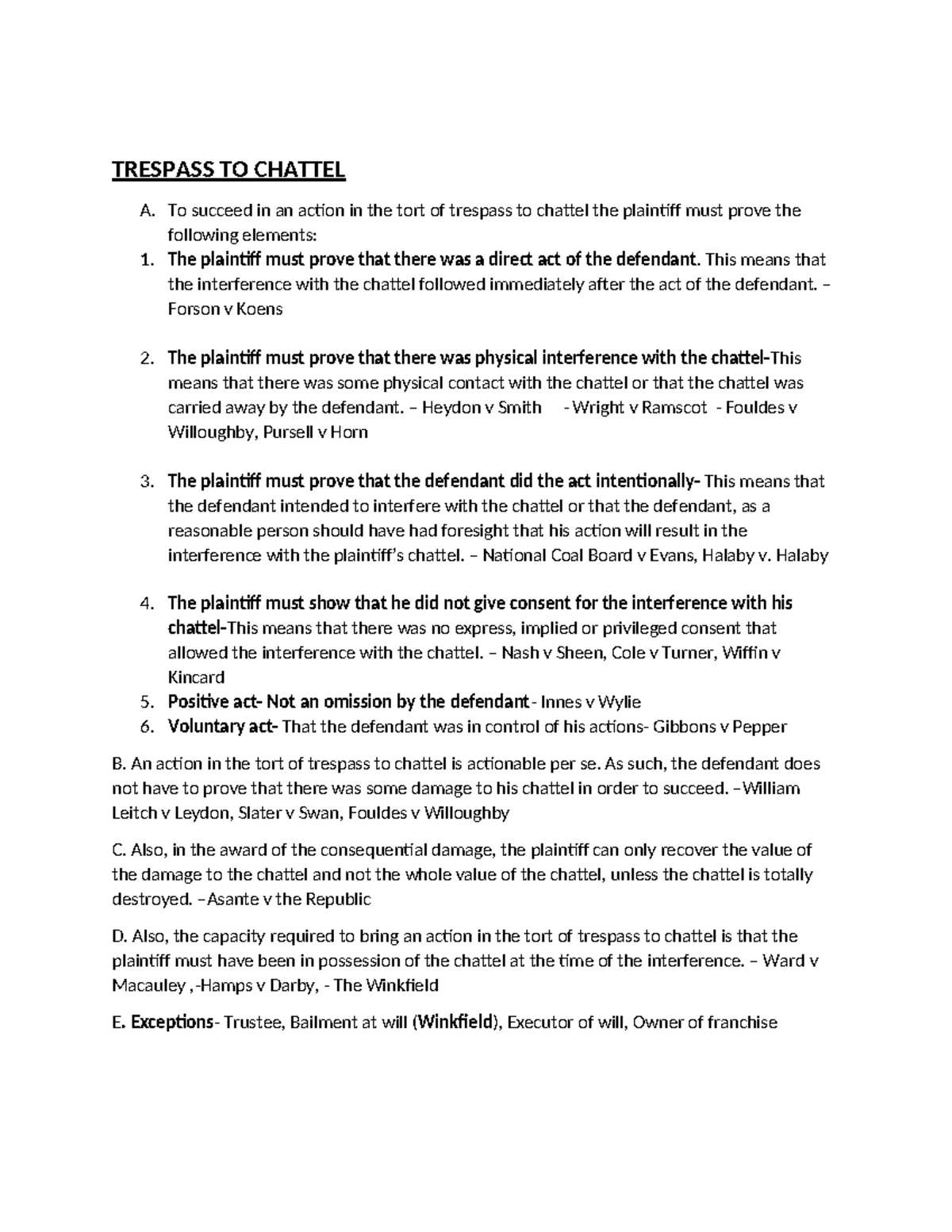 Tort Law: Elements of Trespass to Chattel Explained - Studocu