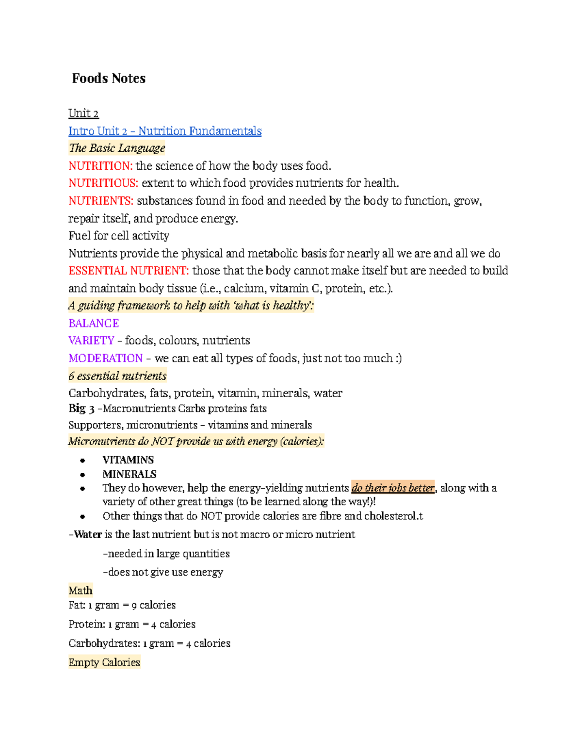 NUTR 101: Unit 2 Nutrition Fundamentals and Essential Nutrients Notes ...