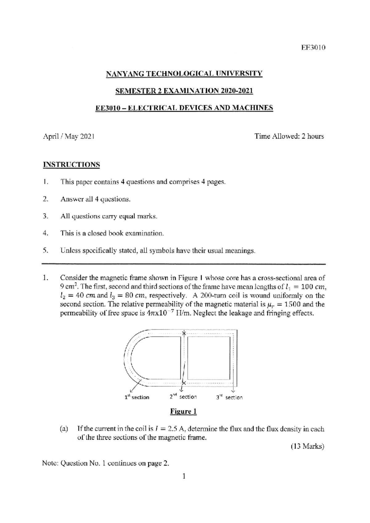 EE3010 Final Exam: Electrical Devices & Machines - April/May 2021 - Studocu