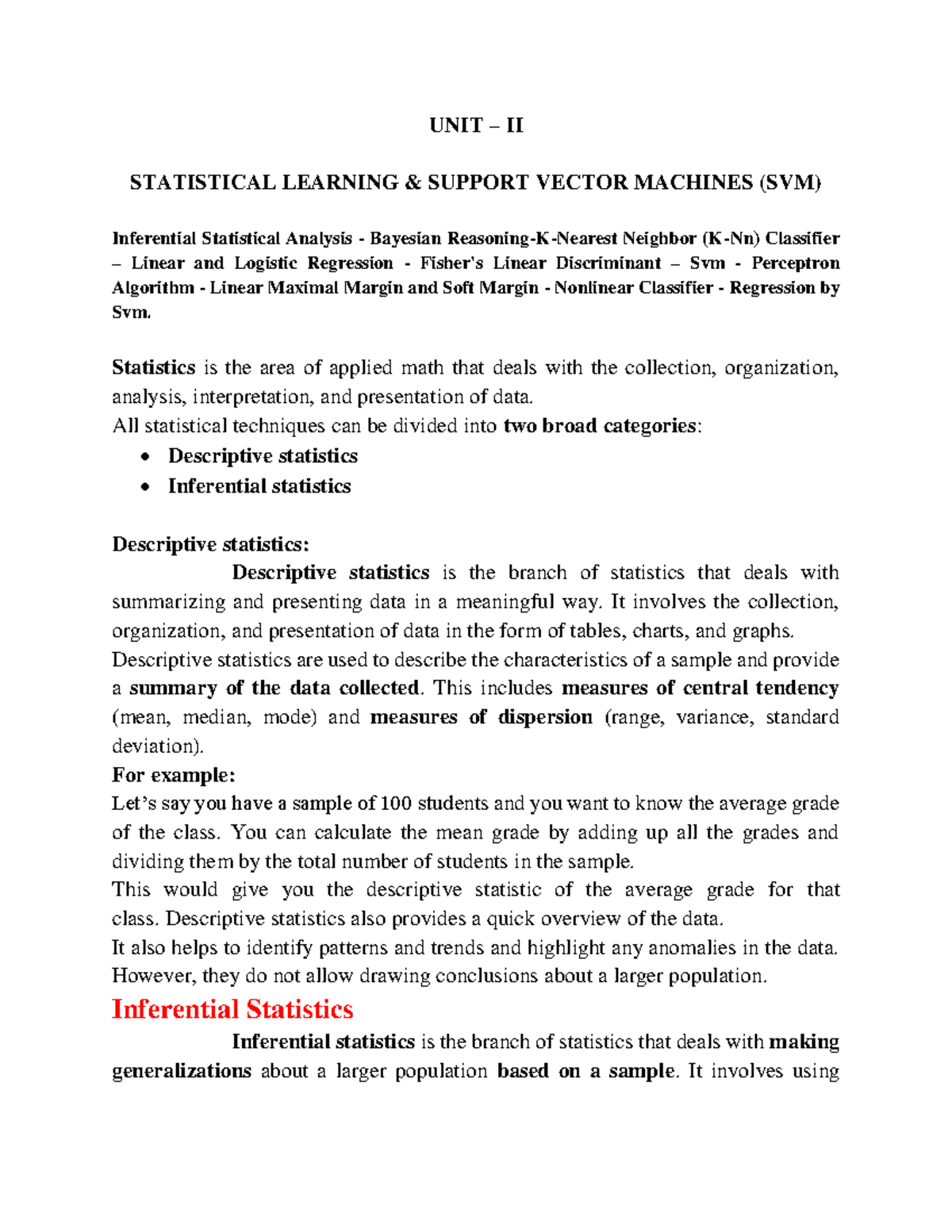 UNIT II: Statistical Learning & SVM Techniques in Inferential Analysis - Studocu