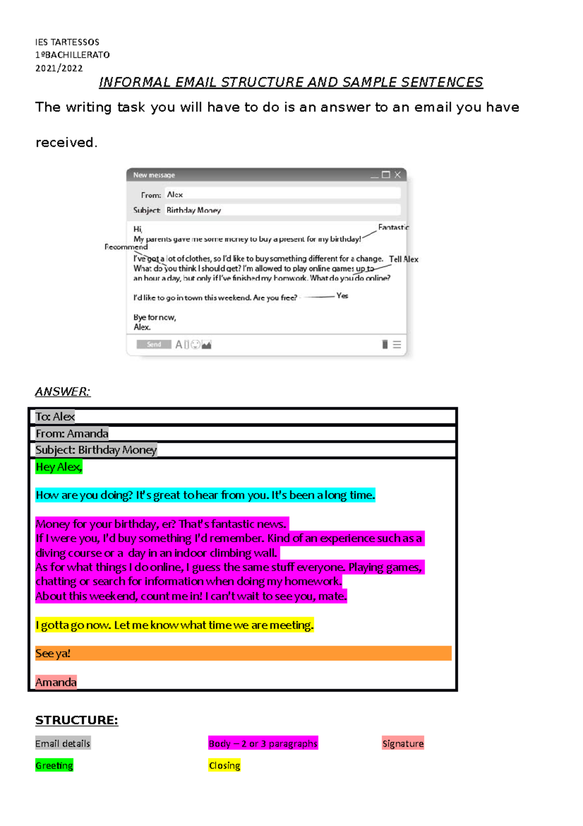 Informal Email Writing Guide for 1º Bachillerato Students - Studocu
