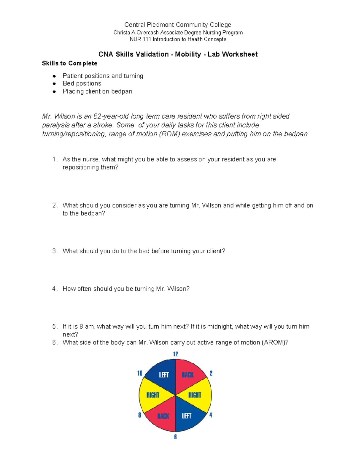 NUR Mobility Lab Worksheet: Skills for Patient Positioning & Care - Studocu