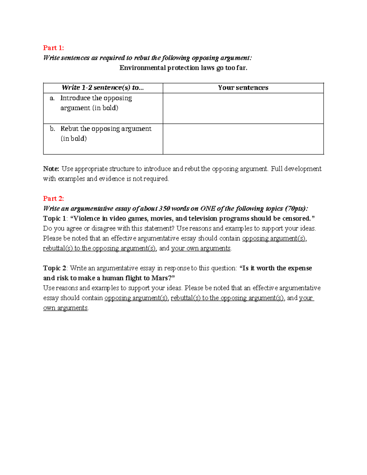 Final Sample Test: Argumentative Essay & Rebuttal Practice - Studocu