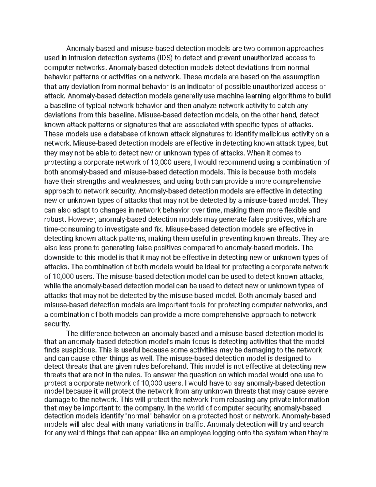 CSC-3400 Essay on Anomaly vs. Misuse-Based Detection Models - Studocu