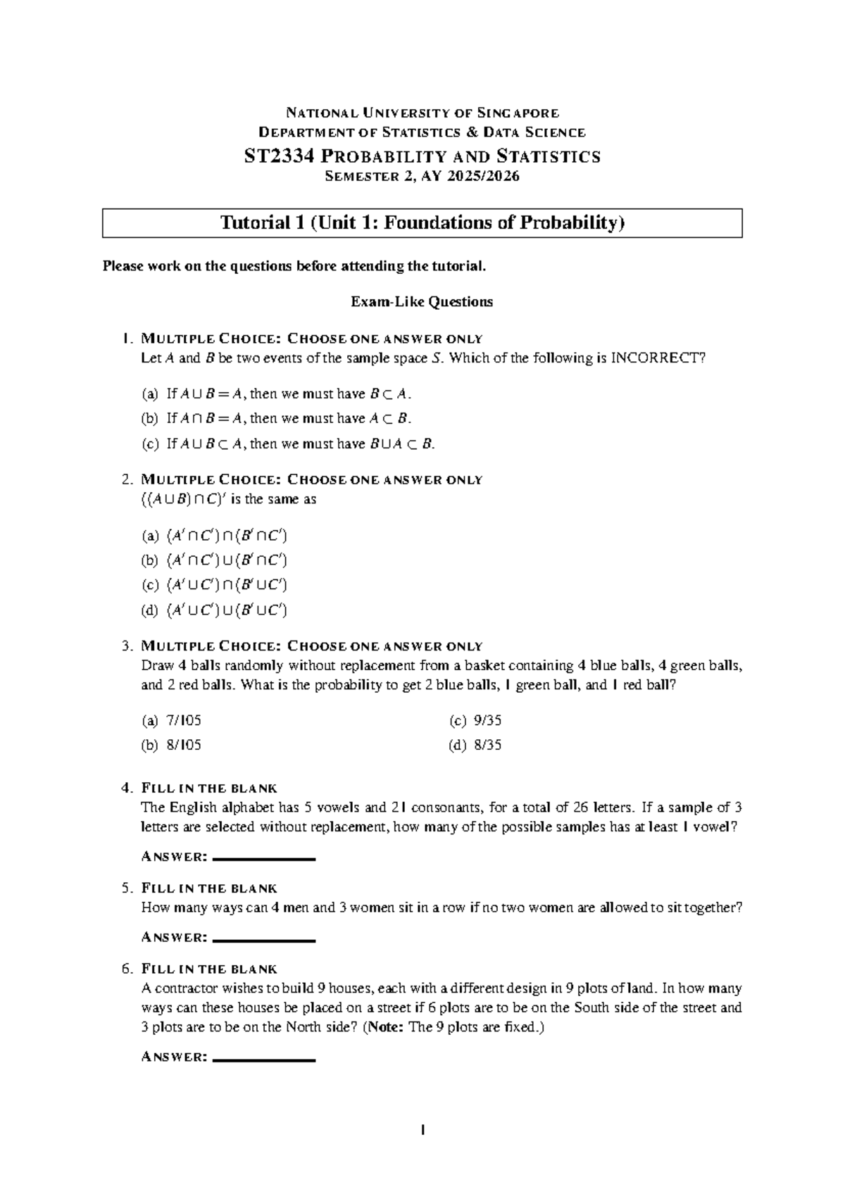 ST2334 Tutorial 01: Foundations of Probability & Statistics - Studocu