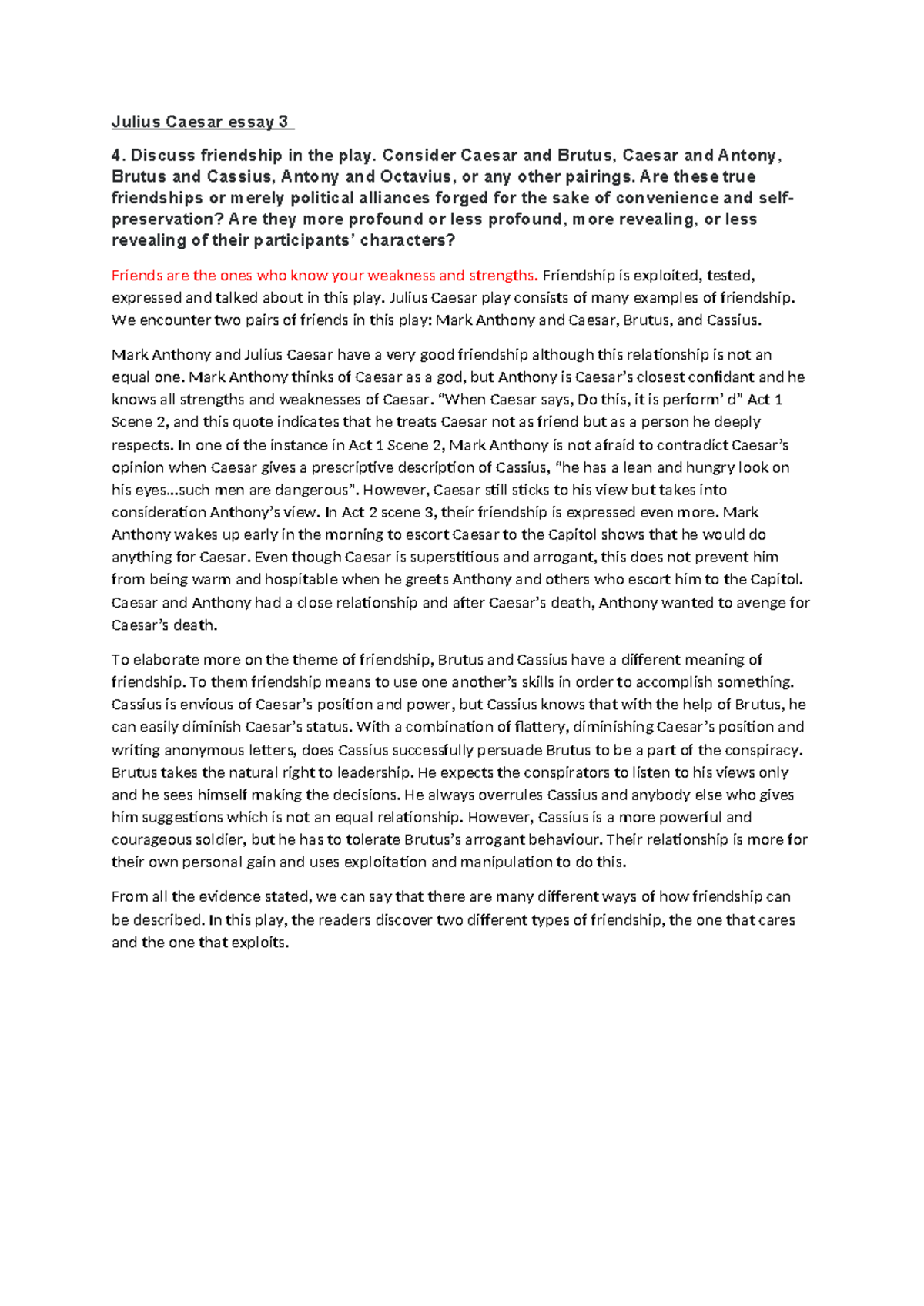 Julius Caesar Essay 3: Exploring Friendship Dynamics in the Play - Studocu