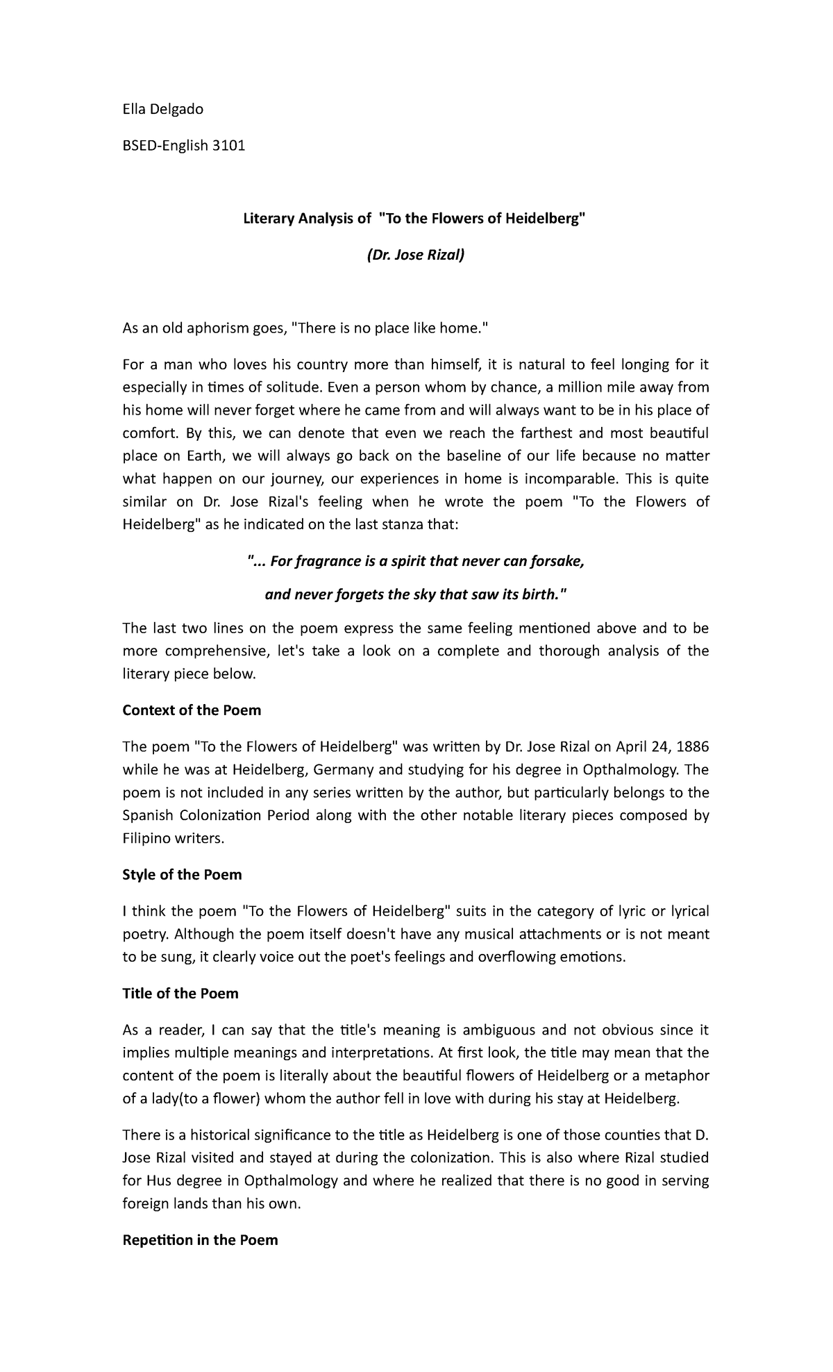 BSED-English 3101: Literary Analysis of Rizal's "To the Flowers of ...