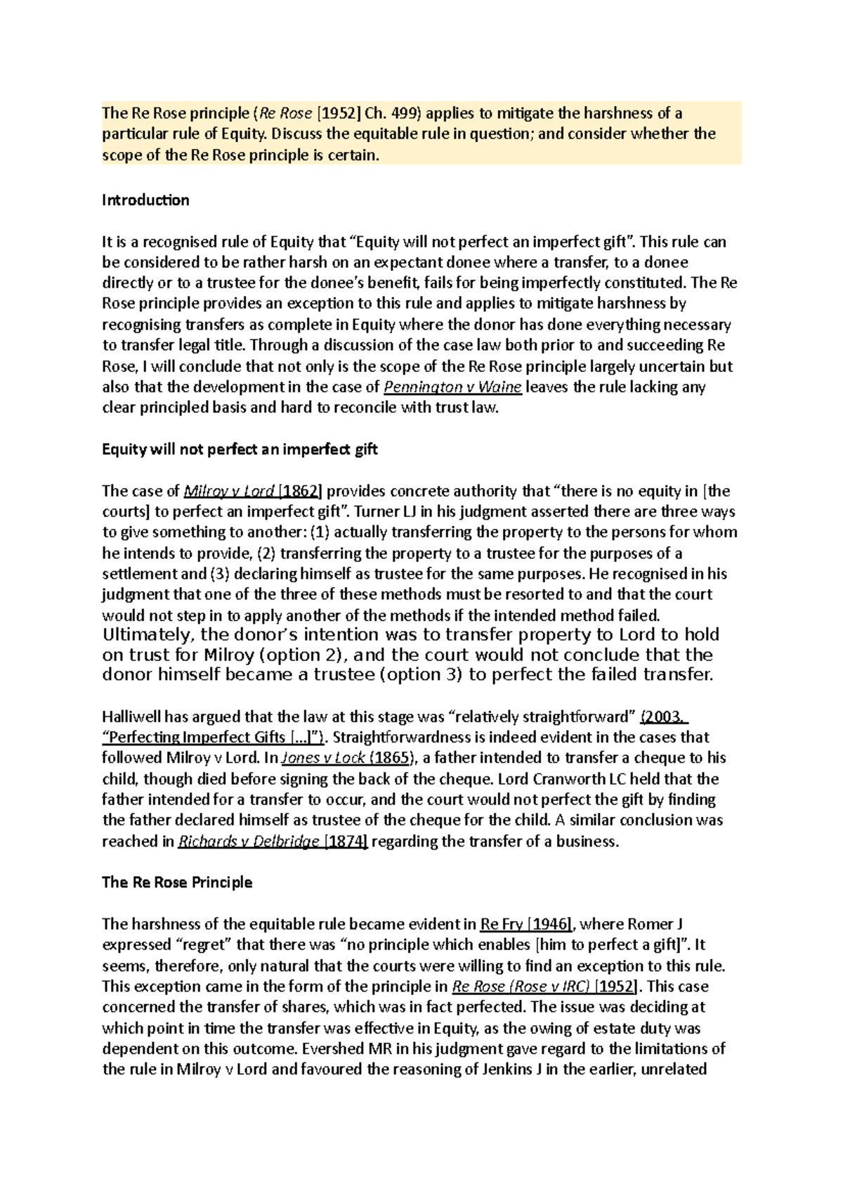 Re Rose Principle: Exploring its Scope and Certainty in Equity - Studocu