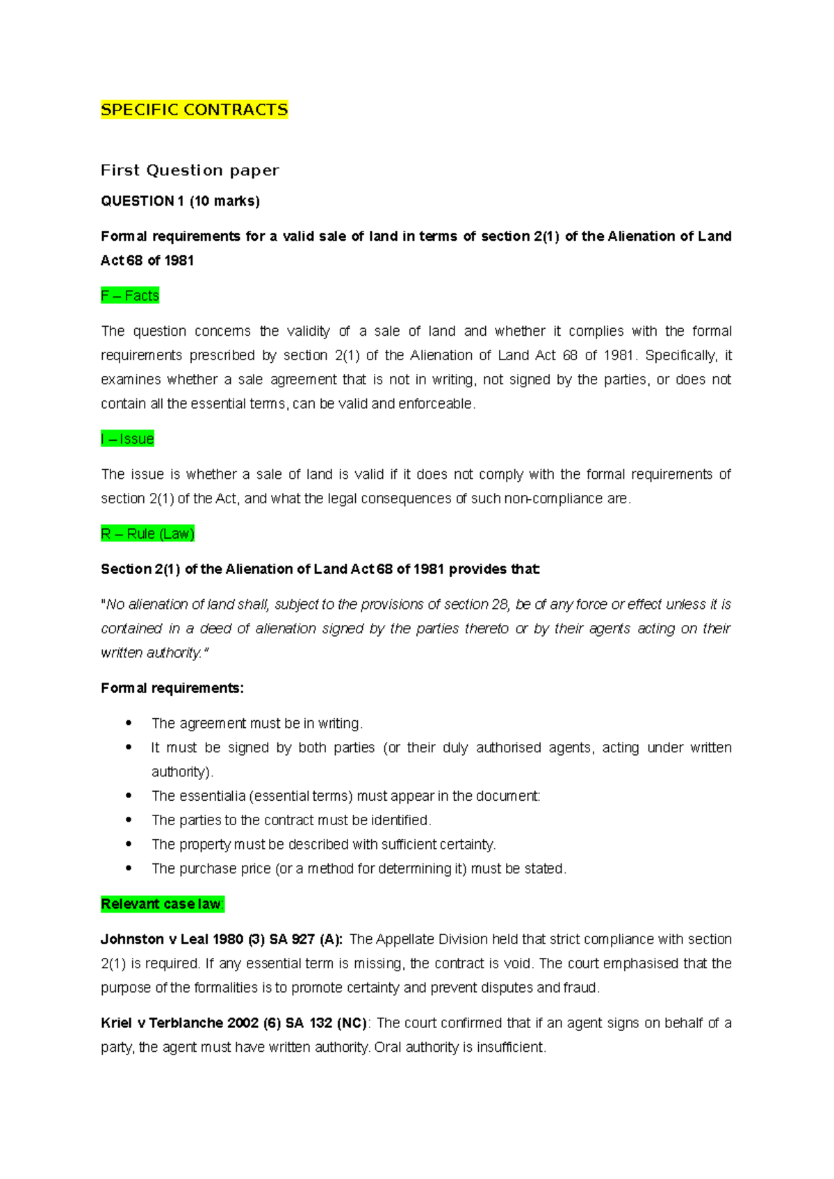 Specific Contracts Paper 1: Validity of Sale of Land & Credit ...
