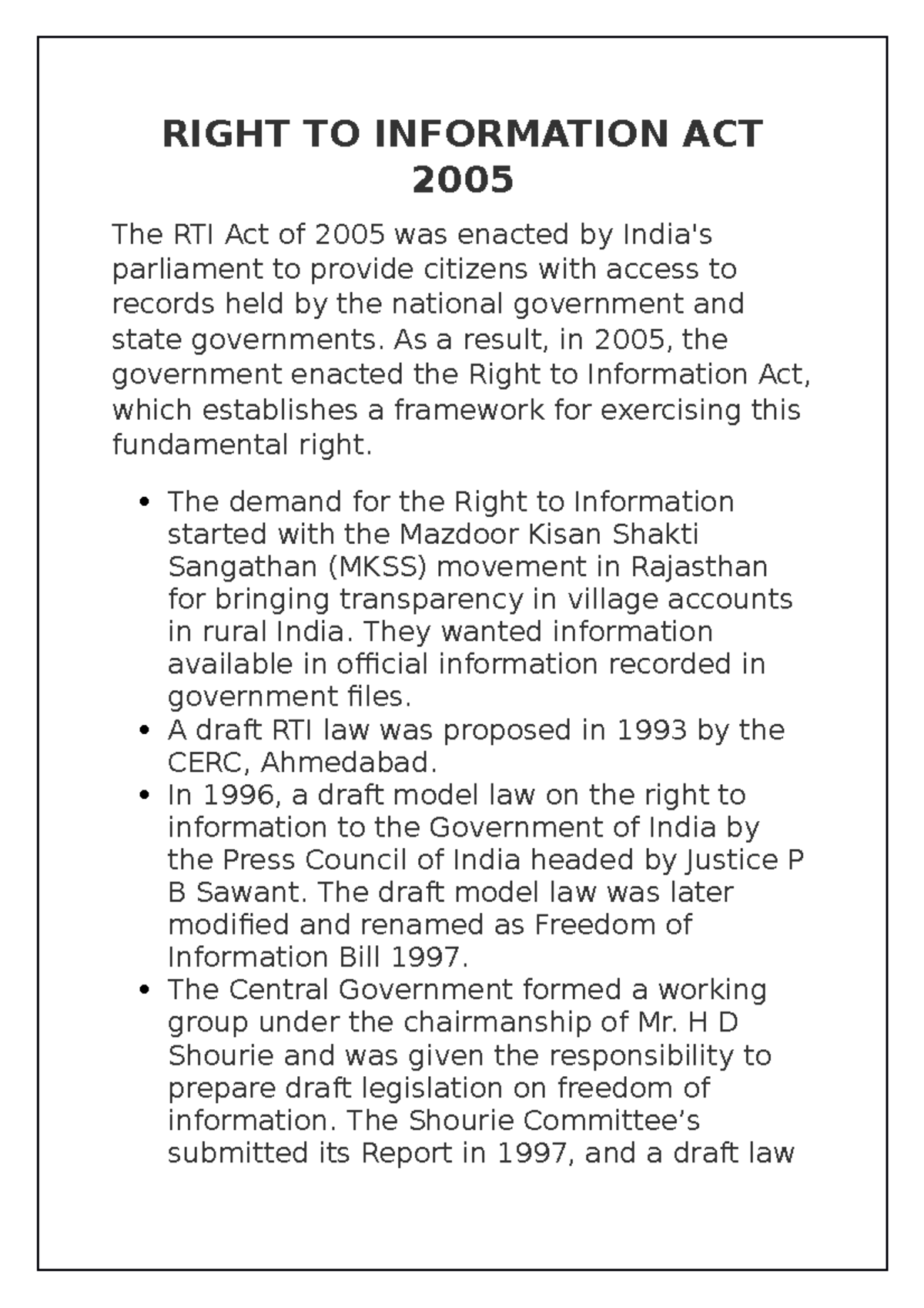 Introduction TO Right TO Information - RIGHT TO INFORMATION ACT 2005 ...