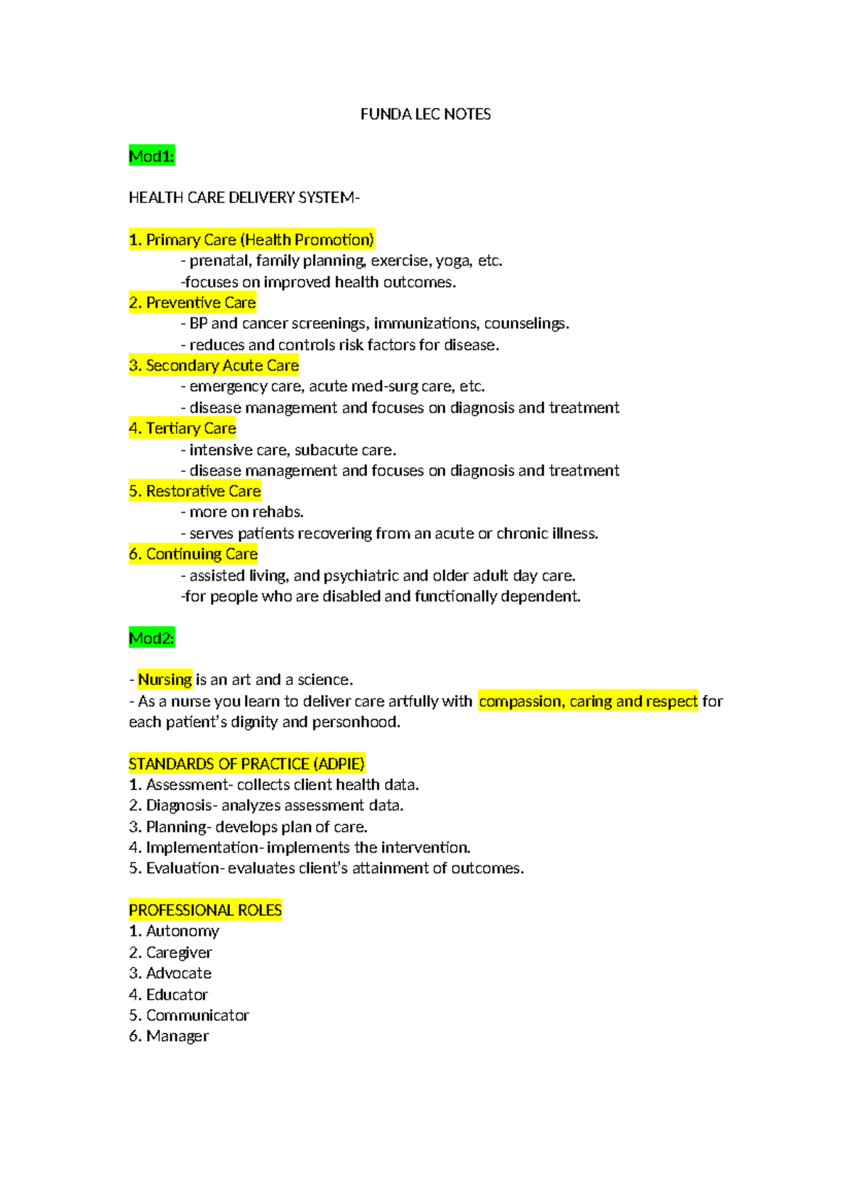 NUR092 Fundamentals in Nursing: Lecture Notes on Healthcare Delivery ...