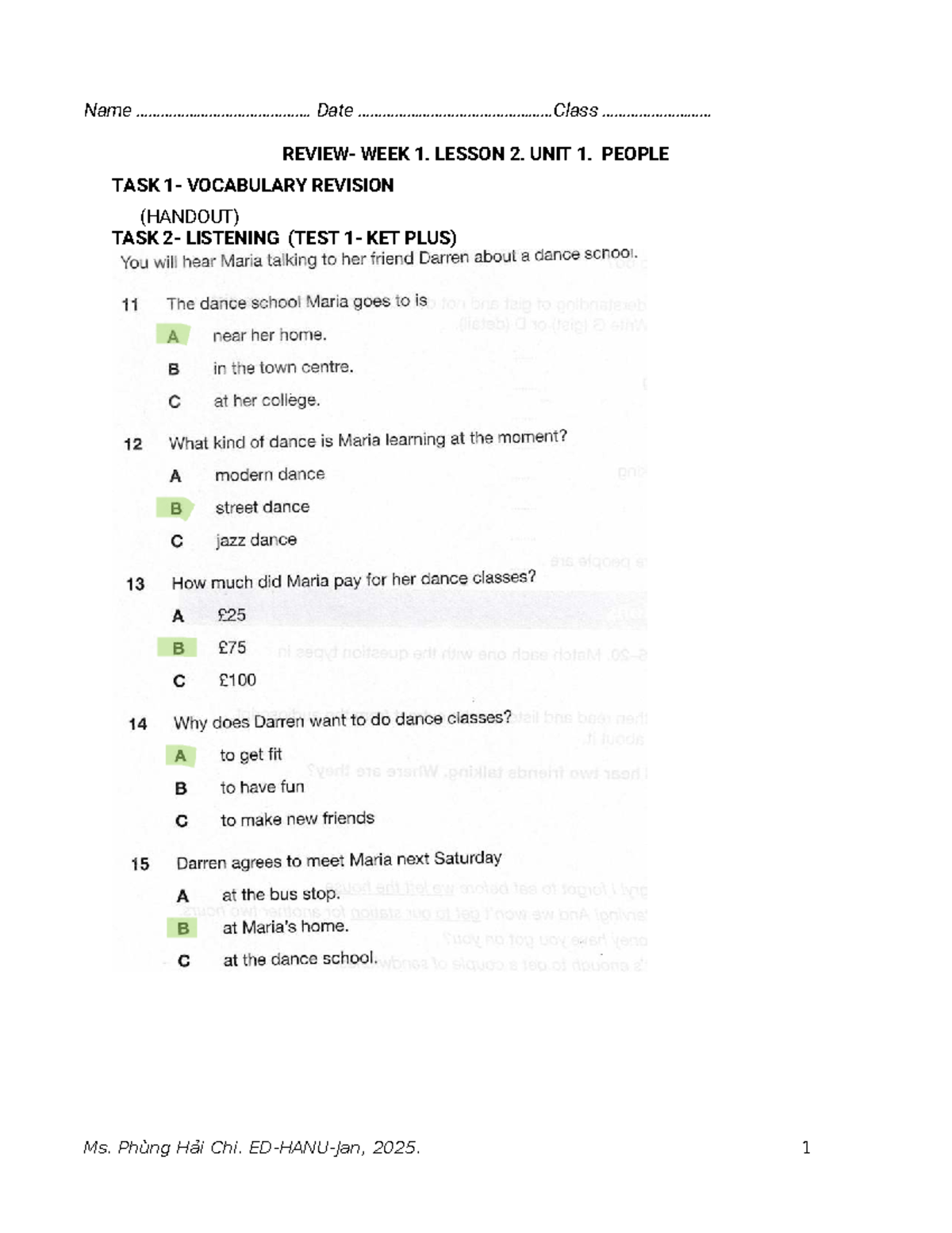 KET Plus 2025: Week 1 Lesson 2 Vocabulary & Listening Tasks - Studocu