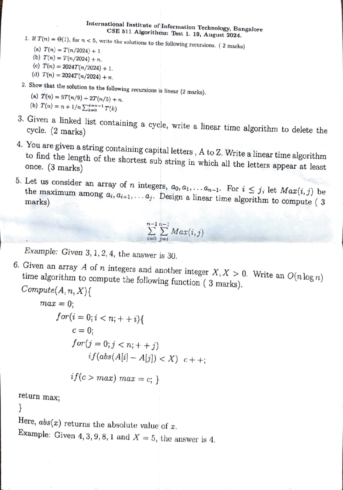 CSE 511 Algorithms: Test 1 Solutions and Recursion Analysis - Studocu