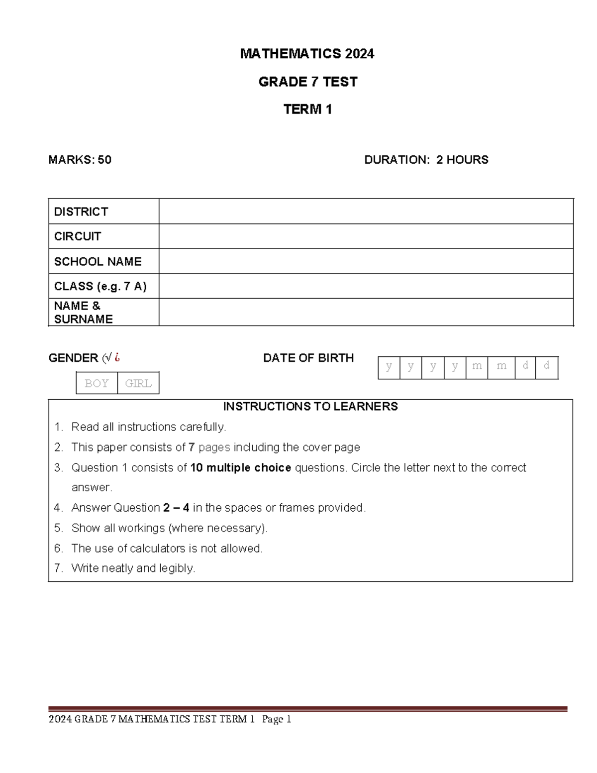 Grade 7 Mathematics Term 1 Test 2024 - 021142 with 50 Marks - Studocu