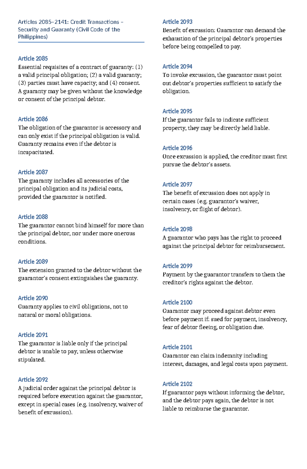 Articles 2085-2141: Guaranty and Pledge Framework in PH Civil Code ...