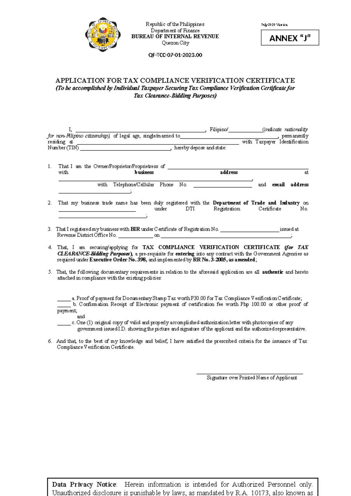 Application Form for Tax Compliance Verification Certificate (BIR-QF ...