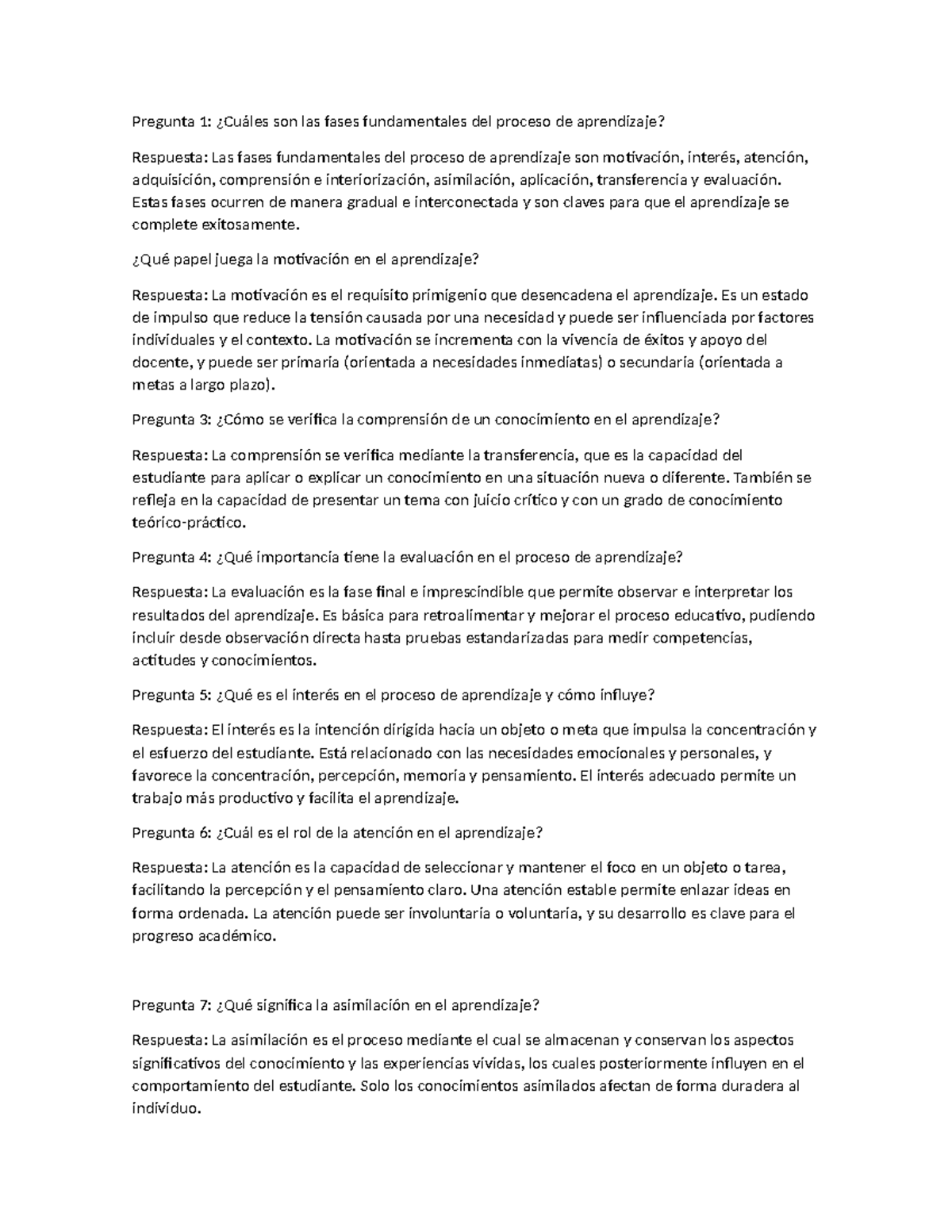 Preguntas y Respuestas sobre el Proceso de Aprendizaje - Studocu
