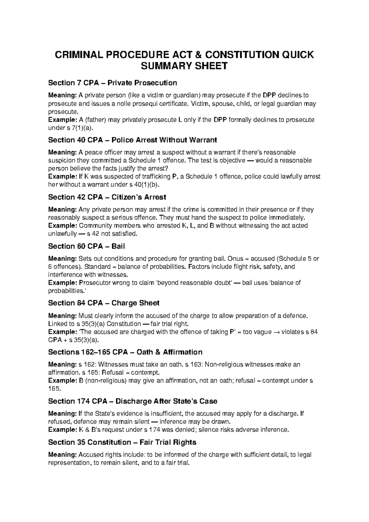 CRIMINAL PROCEDURE ACT & CONSTITUTION QUICK SUMMARY SHEET - Studocu