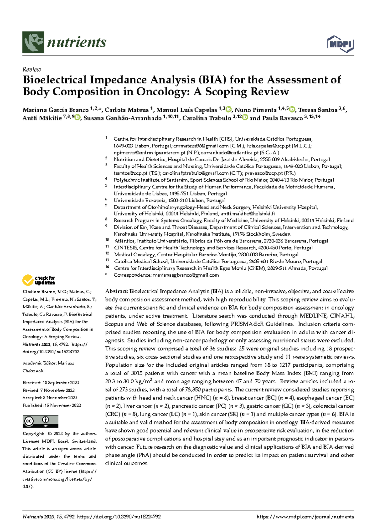 Bioelectrical Impedance Analysis (BIA) in Oncology: A Scoping Review on ...