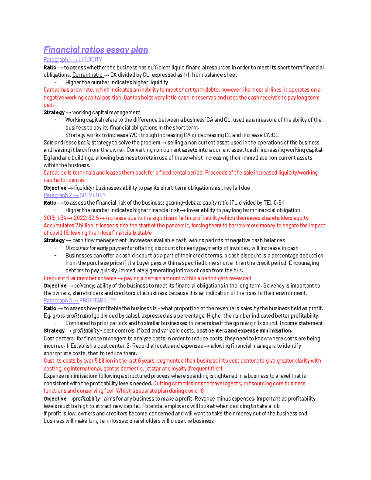Financial Ratios Essay Plan: Liquidity, Solvency, and Profitability ...
