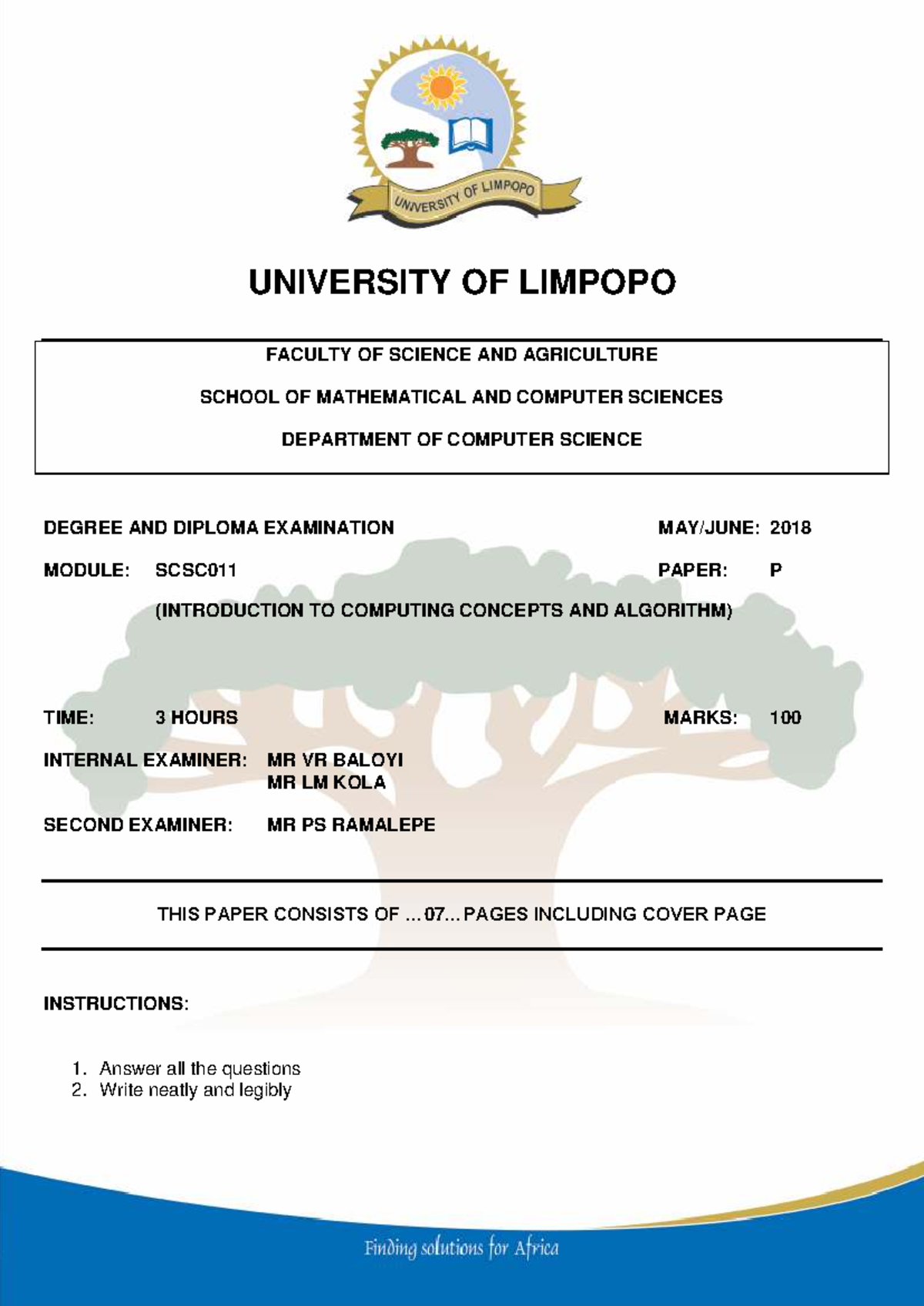 SCSC011 Mid-Year Exam Paper 2018: Introduction to Computing Concepts ...