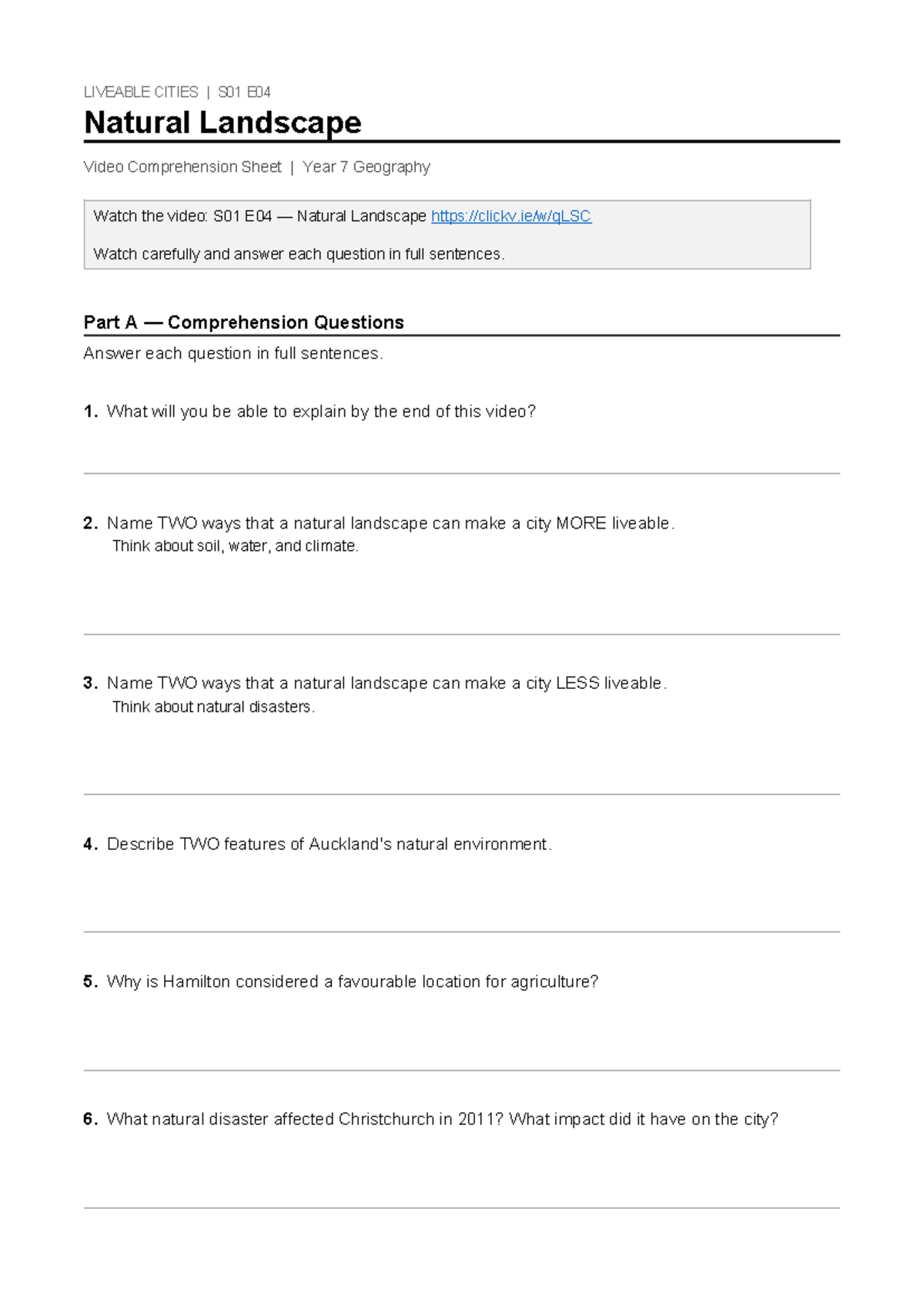 EP04 Natural Landscape Worksheet: Year 7 Geography Comprehension Guide ...