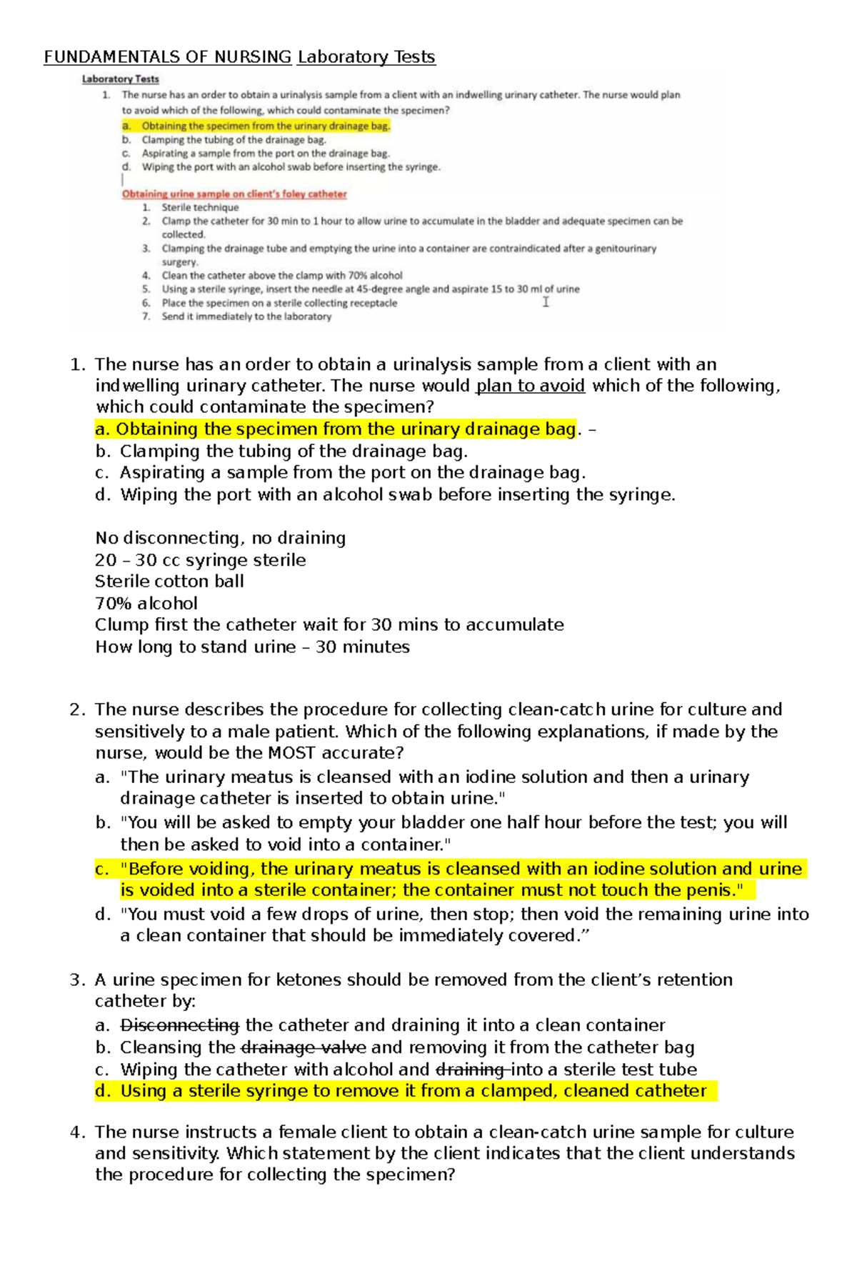 FUNDAMENTALS OF NURSING Lab Tests & Procedures Review (FUND 101) - Studocu