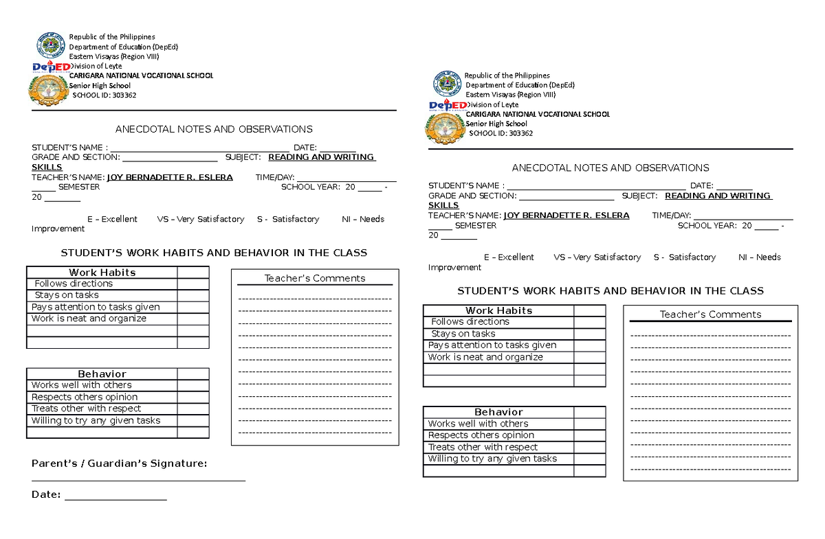 Anecdotal Notes Template for Attendance Issues - READING 101 - Studocu
