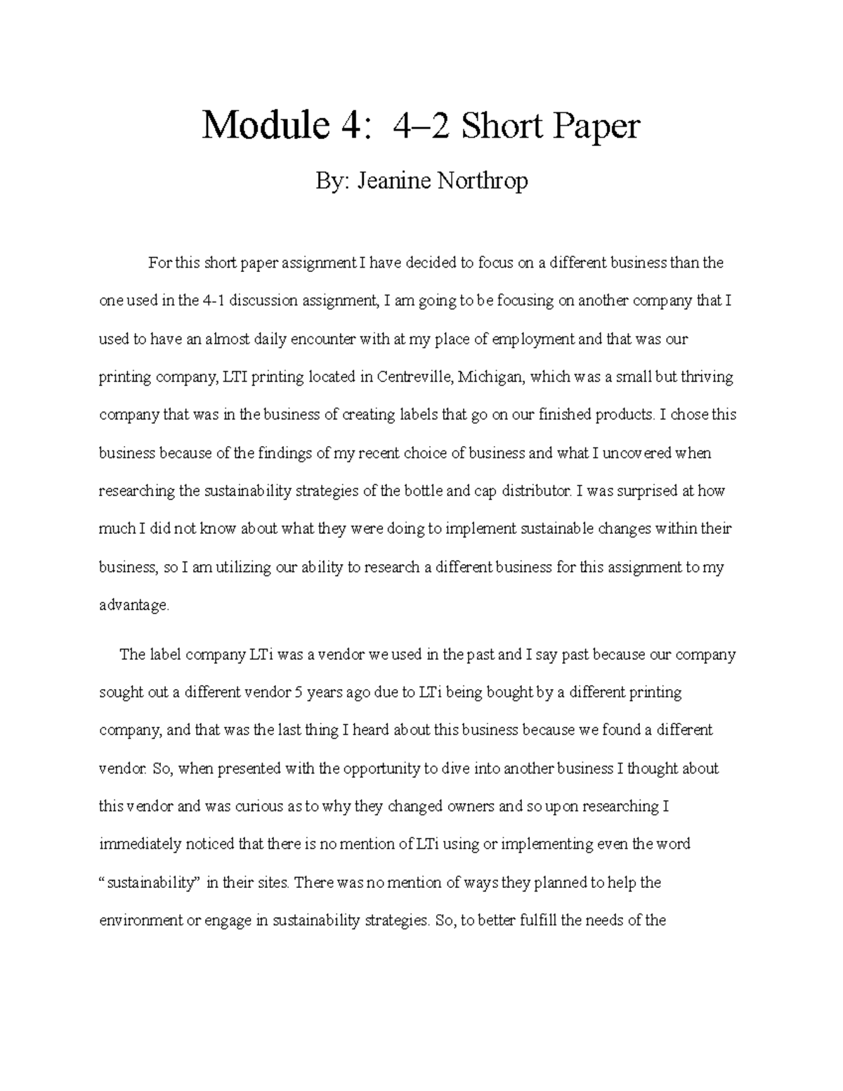 Module 4-2 short Paper Final - Module 4: 4–2 Short Paper By: Jeanine ...