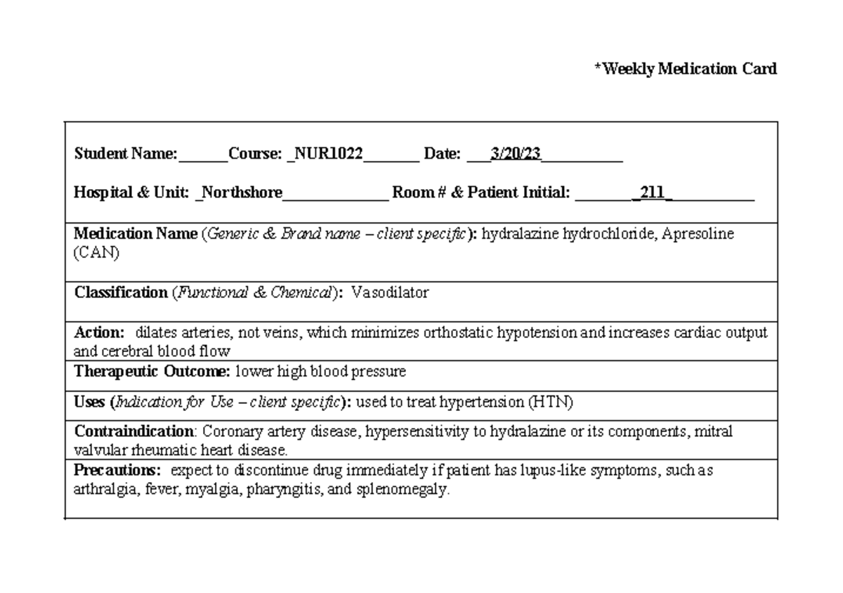 NUR1022 Medication Card: Hydralazine (Apresoline) Overview - Studocu