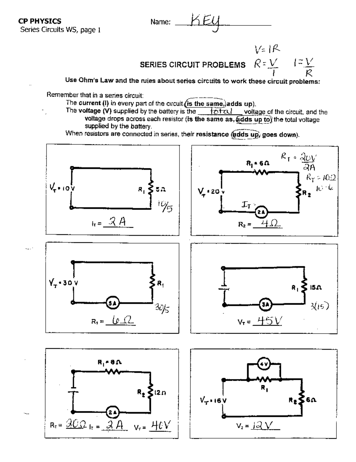 Series Circuits Worksheet - Answers - CP PHYSICS Series Circuits WS ...