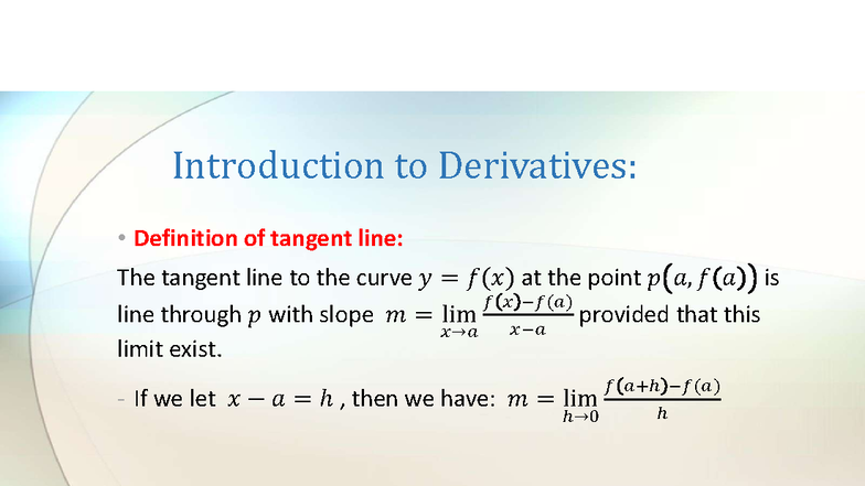 Lecture 3: Introduction to Derivatives and Tangent Lines (FA) - Studocu